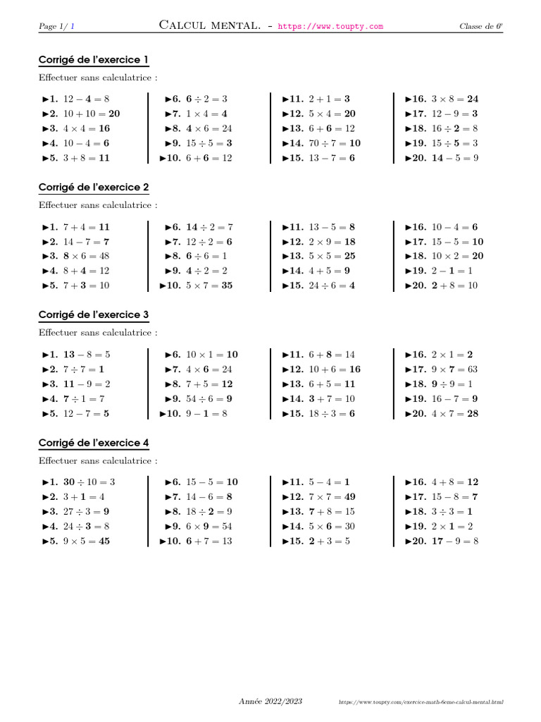 Corrigé Calcul Mental 6e | PDF