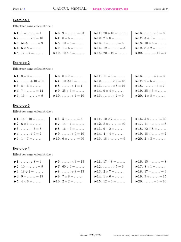 Calcul Mental pour 6e - Exercices | PDF