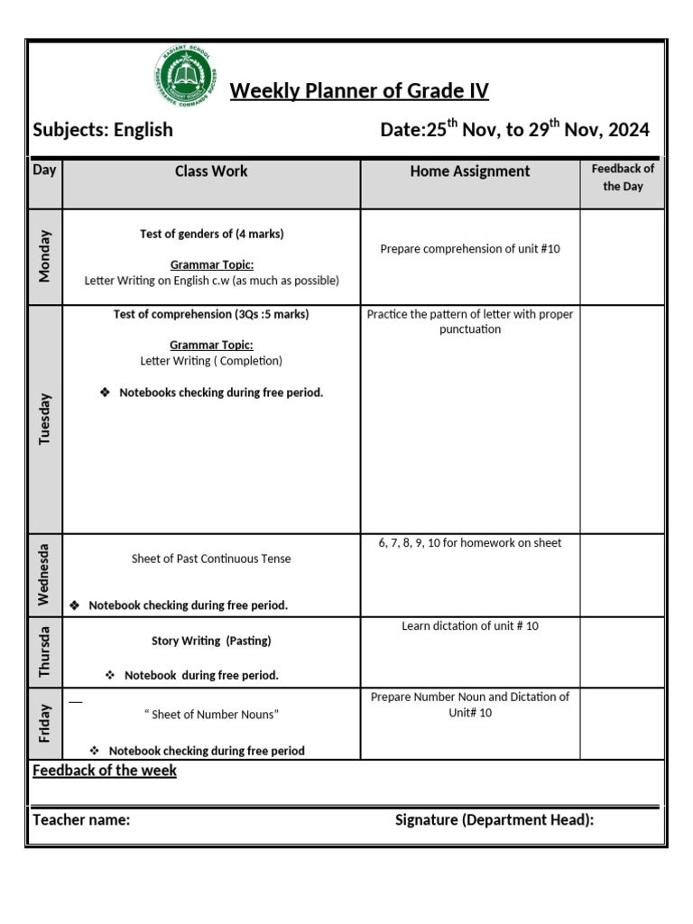 Weekly Planner of Grade IV | PDF