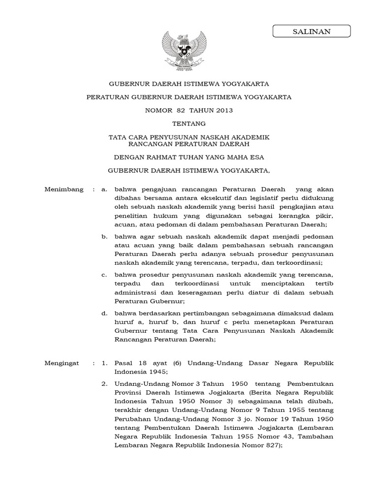 Pergub DIY No.82 Tahun 2013 TTG Tata Cara Penyusunan Naskah Akademik Rancangan Peraturan Daerah ...