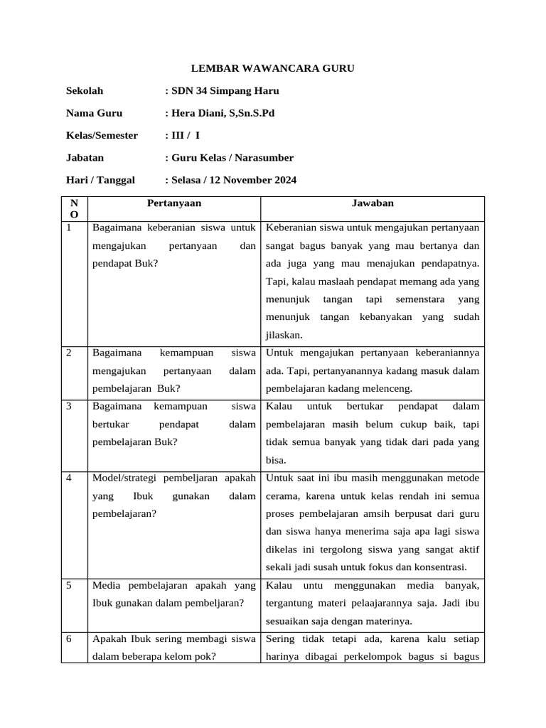 LEMBAR WAWANCARA GURU | PDF