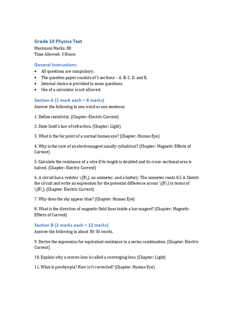 Grade 10 Physics Test | PDF | Electric Current | Electrical Resistance ...