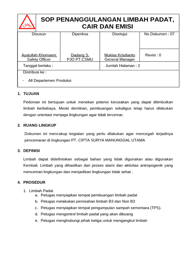 SOP Limbah Padat, Cair, Emisi | PDF