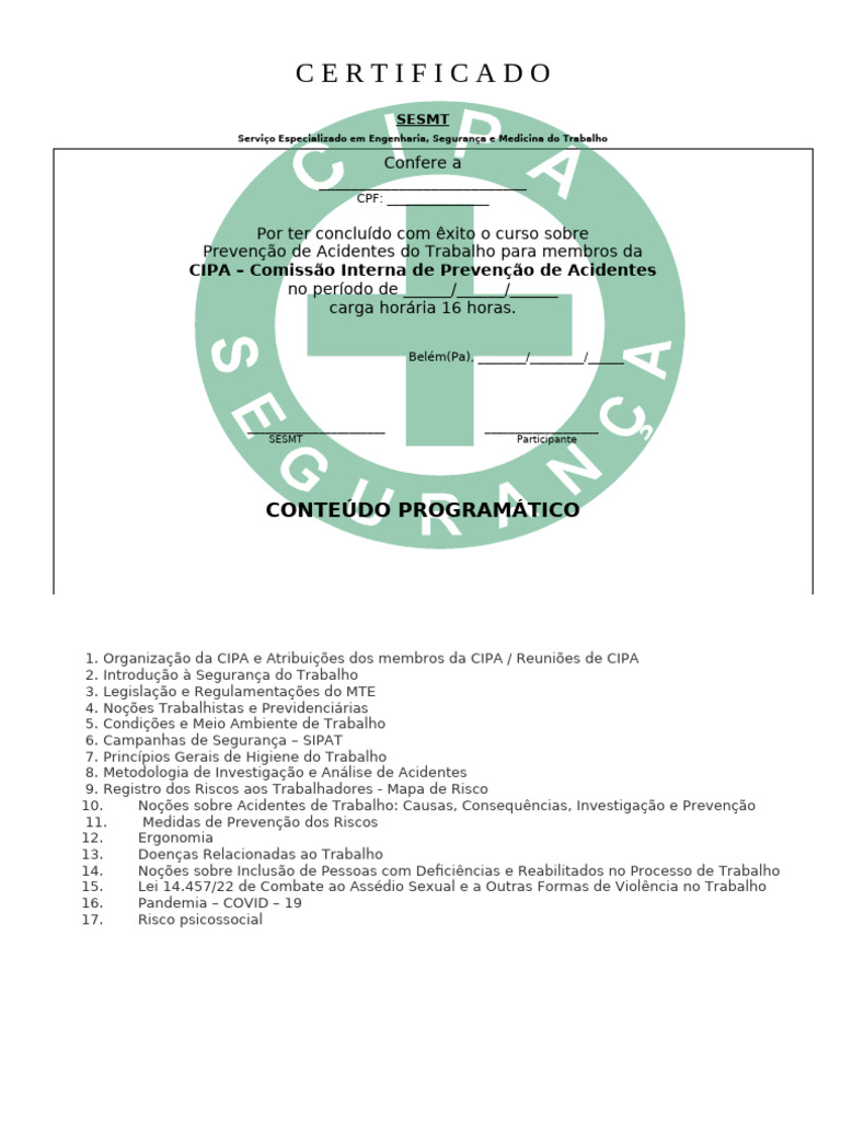 Certificado Cipa - MODELO | PDF