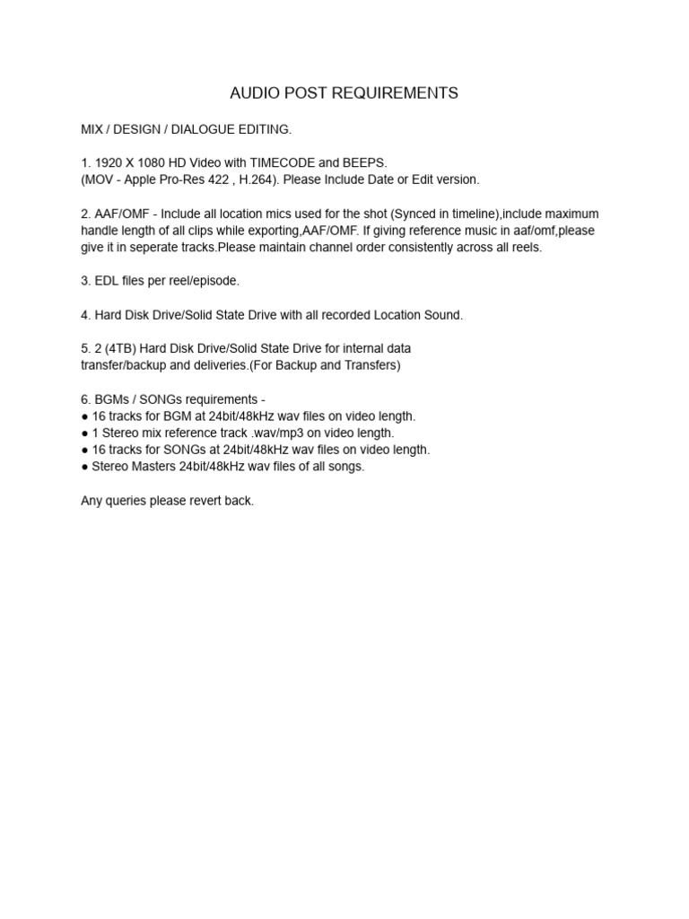 Audio Post Production Requirements Guide | PDF