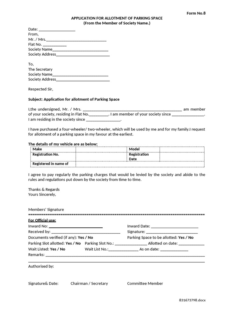 Parking Space Allotment Application Form | PDF