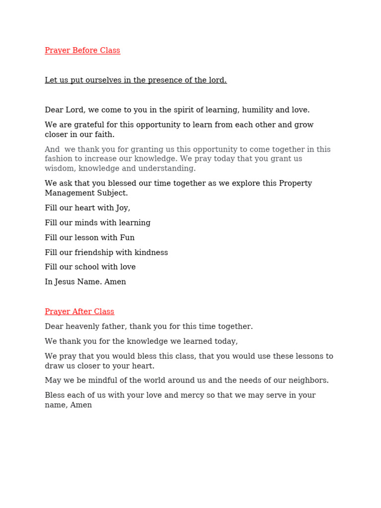 Prayer Before After Class | PDF