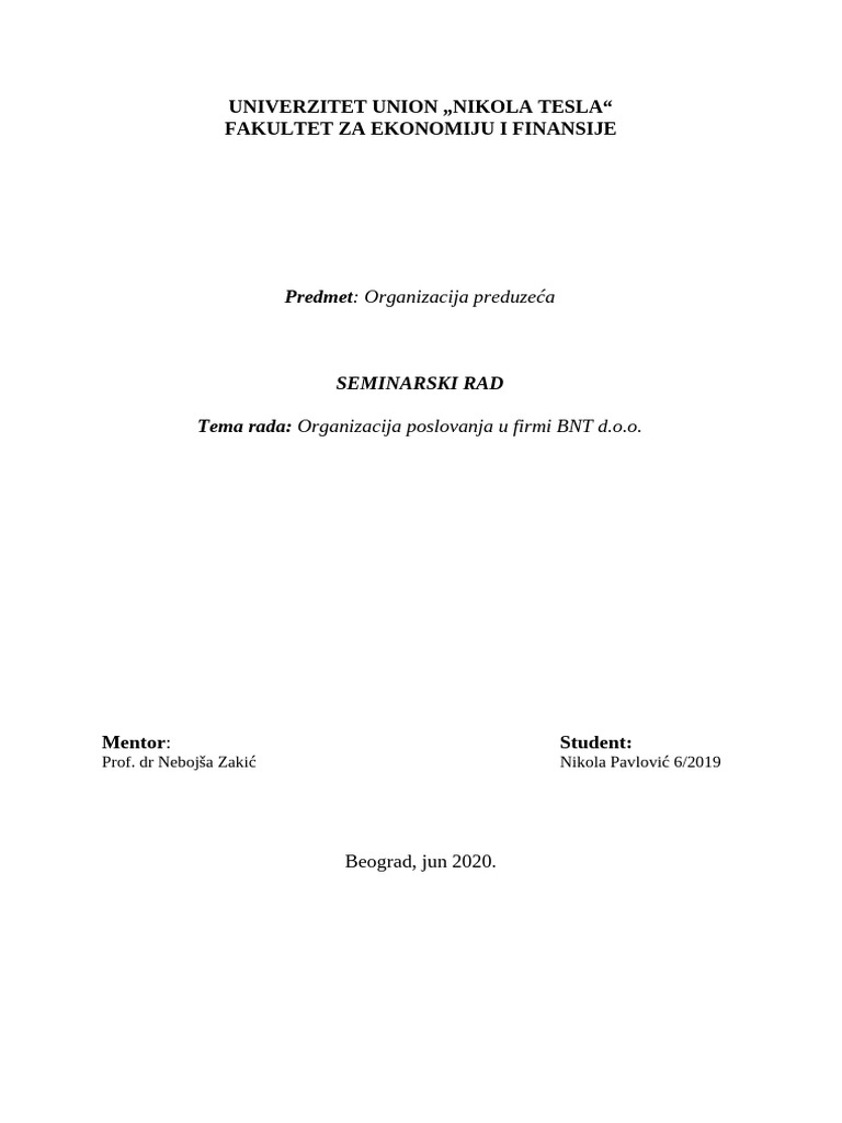 Seminarski Rad - BNT D.O.O. | PDF