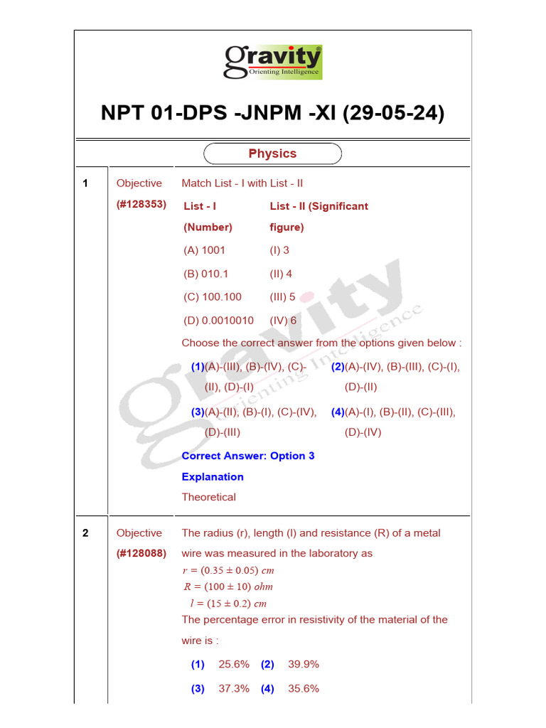 NPT 01-DPS - JNPM - XI (29-05-24) Sol | PDF | Pendulum | Length