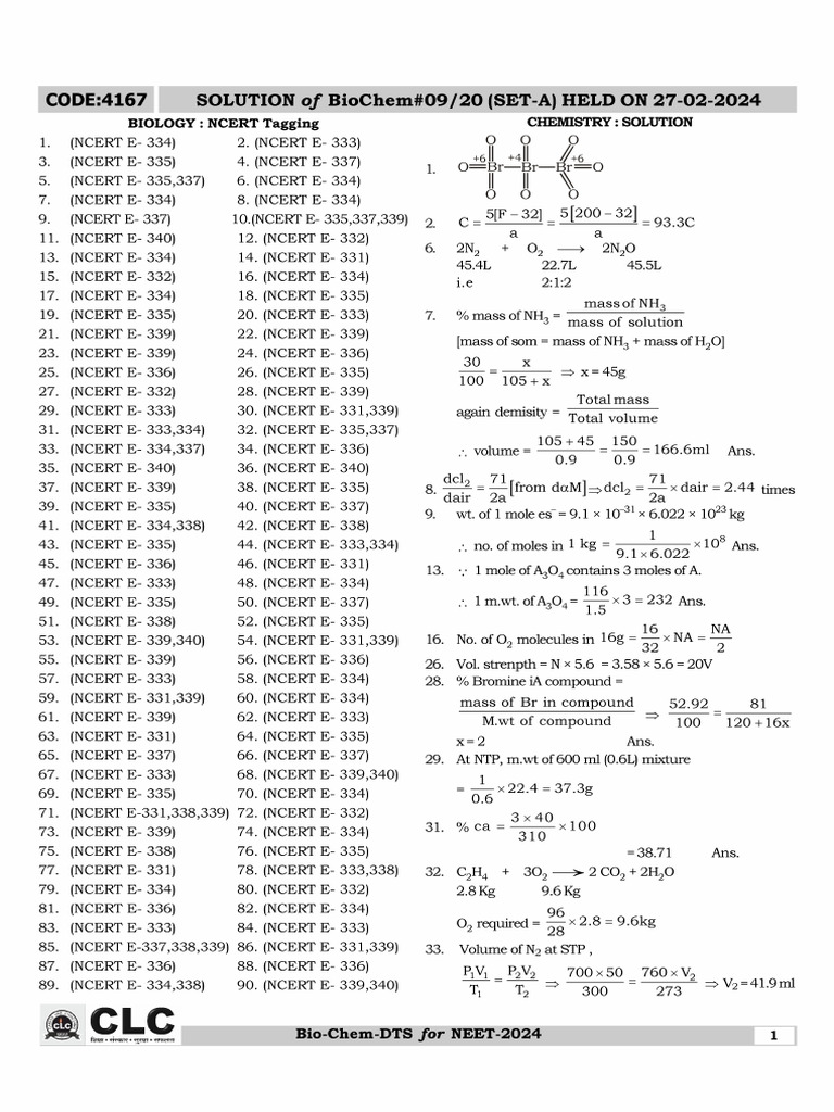 SOLUTION_BIOCHEM#9 CODE-4167 SET-A | PDF