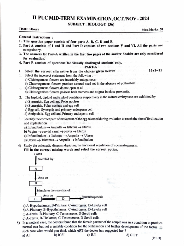 Biology Mid Term 2nd PU QP | PDF | Flowers | Reproduction