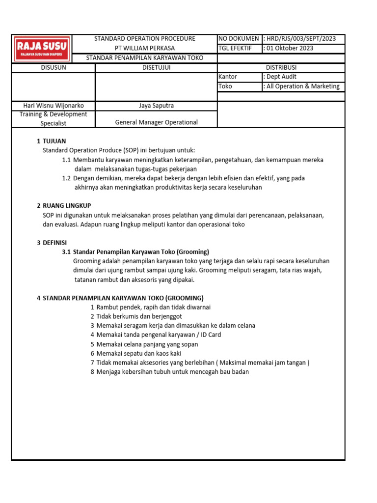 SOP Penampilan Karyawan Toko Raja Susu | PDF