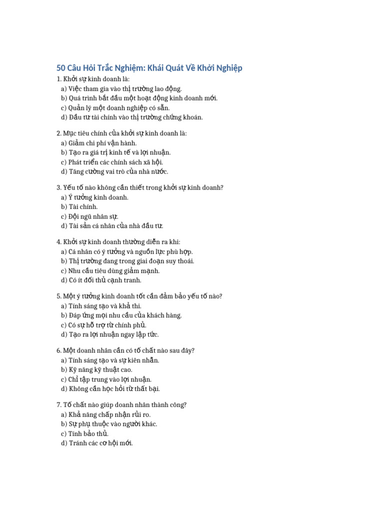 50 Cau Trac Nghiem Khoi Nghiep Day Du | PDF