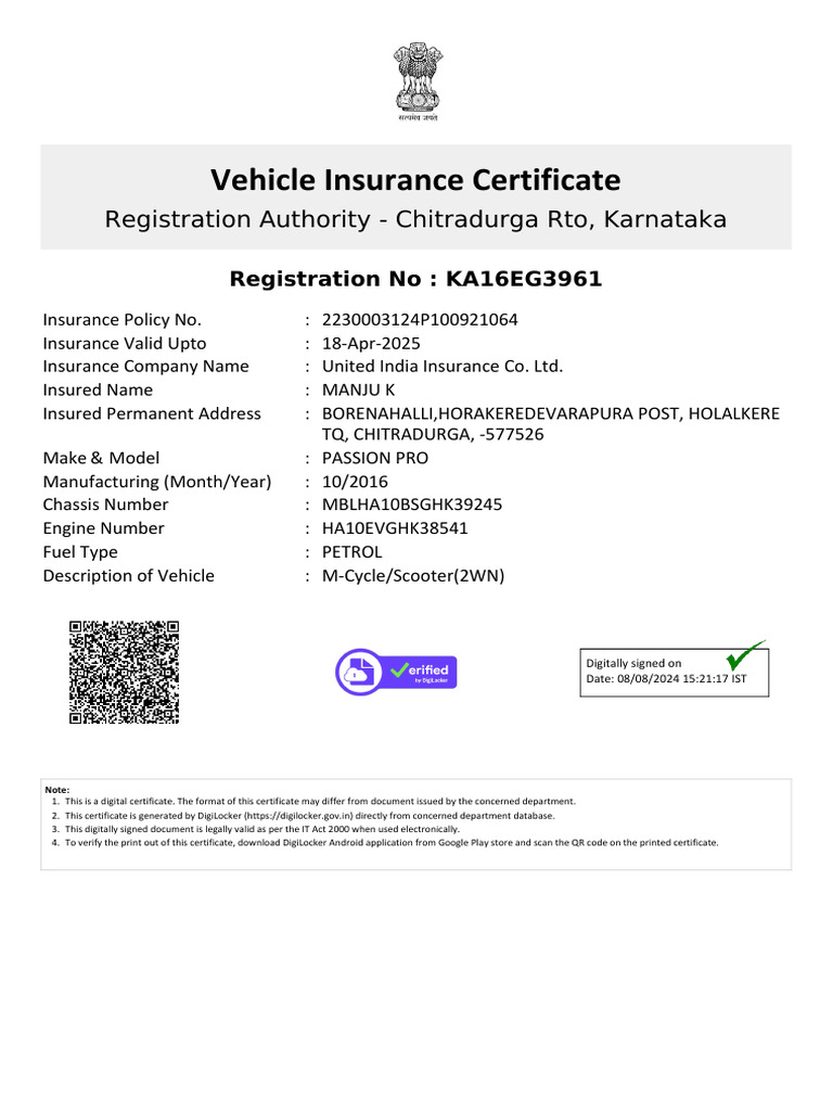 Vehicle Insurance Certificate | PDF