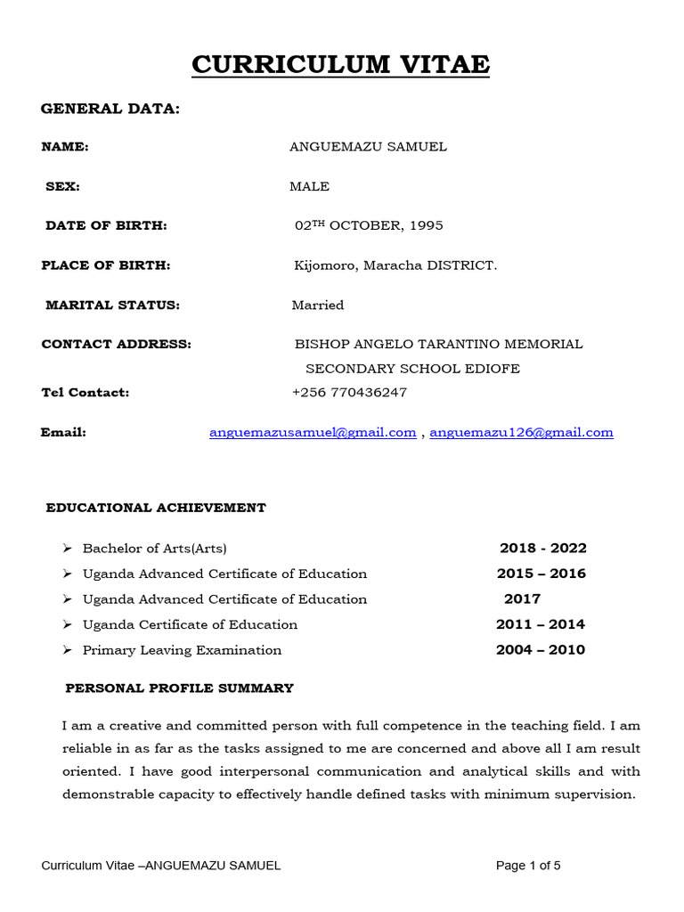 Majariwa-David-CV | PDF | Teachers | Curriculum