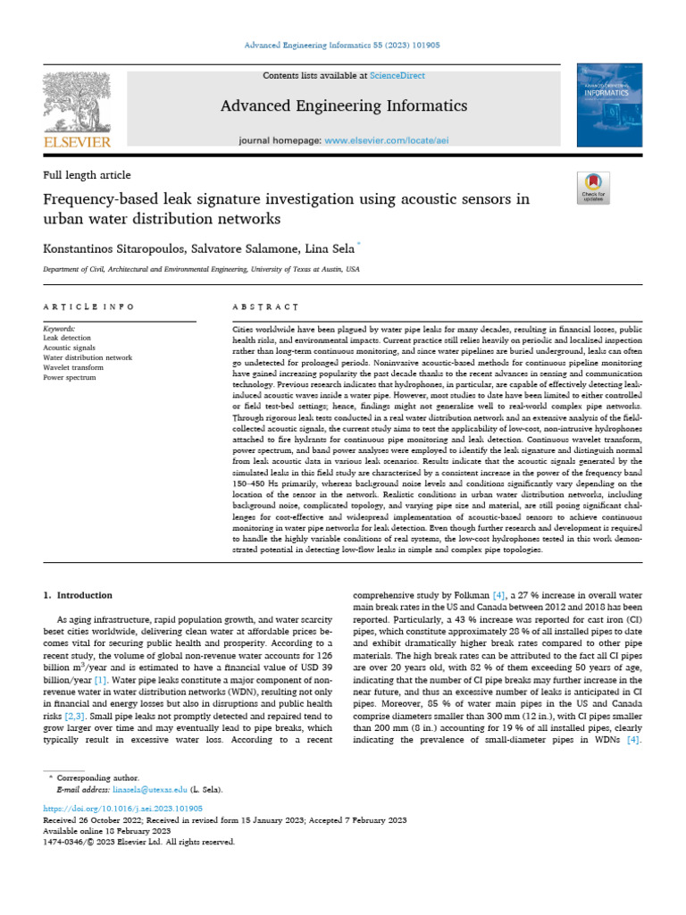 Frequency Based Leak Signature Investigation Using Acoustic Sensors In Urban Water Distribution