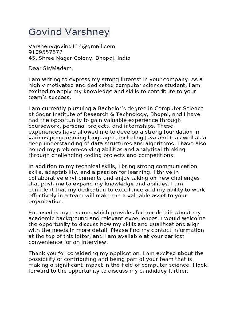 Govind Varshney's Cover Letter | PDF Govind Varshney's Cover Letter | PDF
