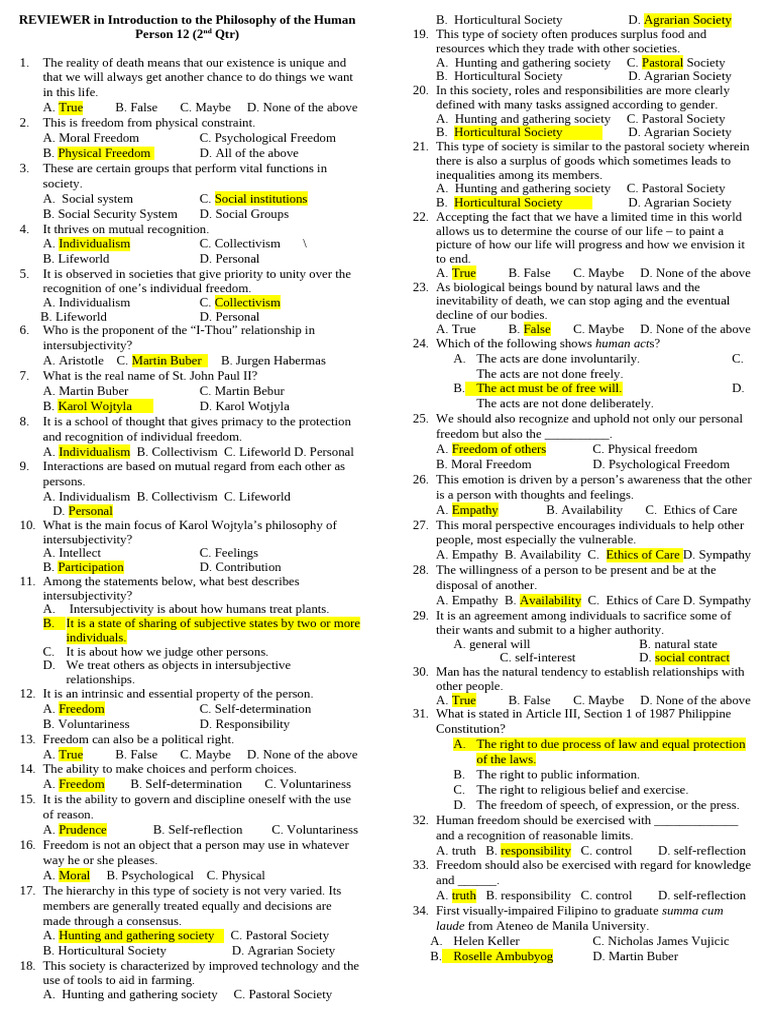 Philosophy of Human Freedom Quiz | PDF | Society | Individualism