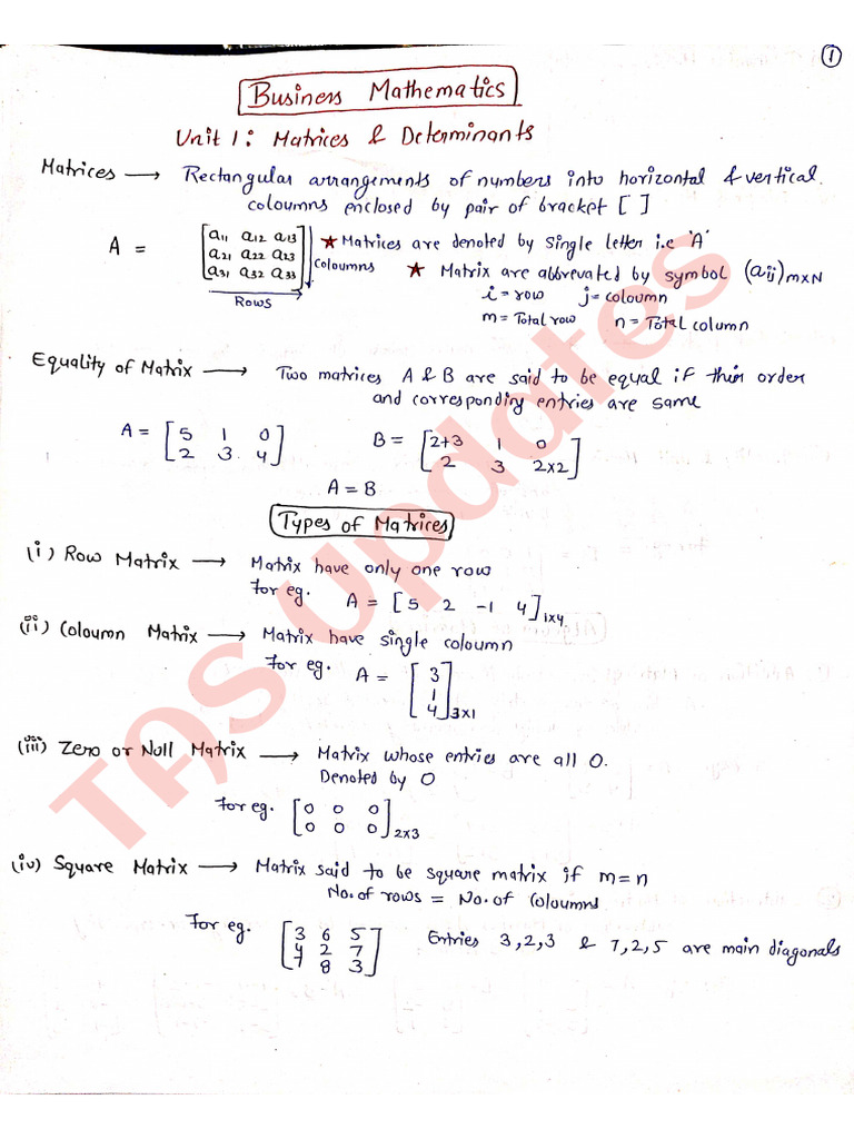 Matrices and Determinants Unit 1 Business Mathematics Semester 3 | PDF