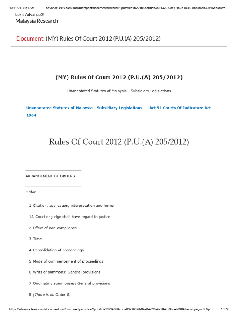 (MY) Rules of Court 2012 (P.U. (A) 2052012) | PDF | Summons | Legal Remedy