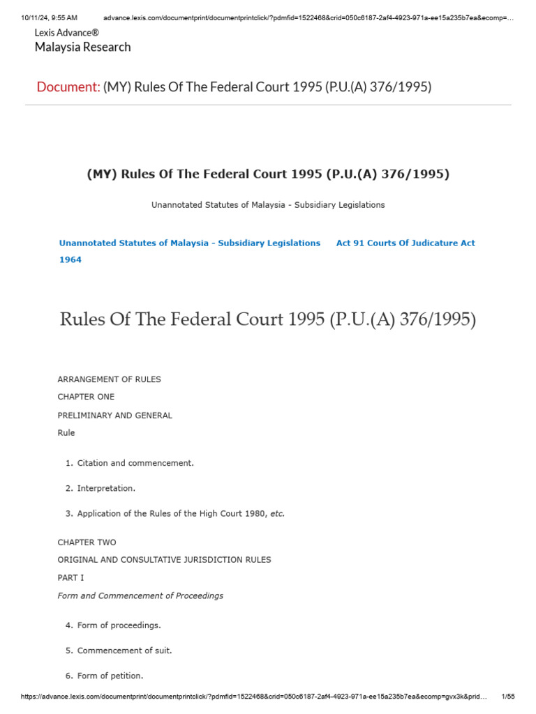 Malaysia Federal Court Rules 1995 | PDF | Judgment (Law) | Summons