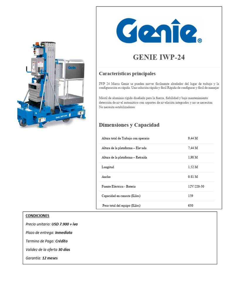 Plataforma Genie IWP-24: Especificaciones y Precio | PDF