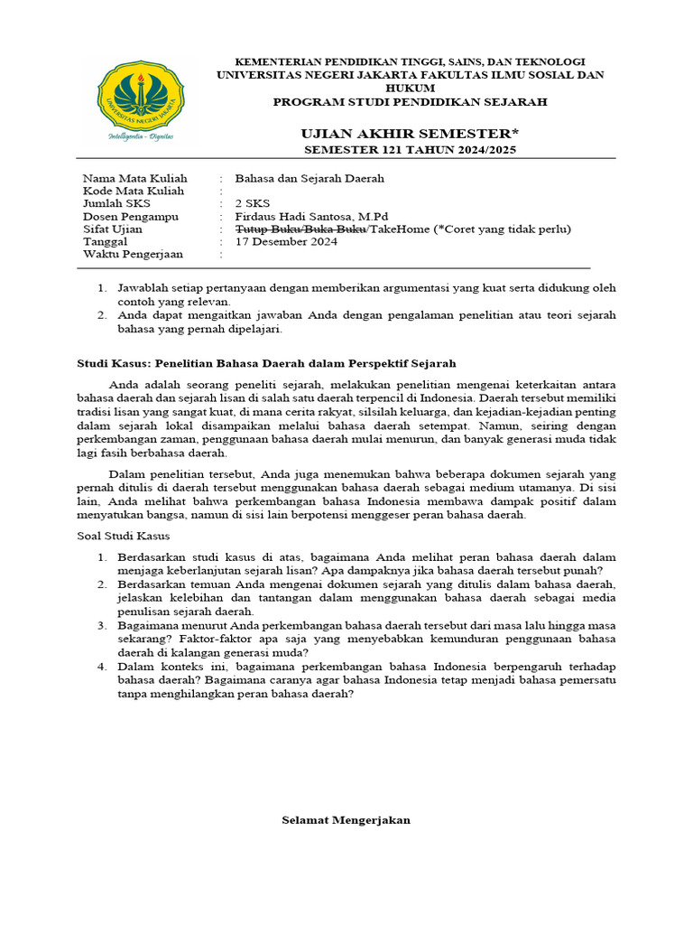 Soal UAS FIS PEND SEJARAH UNJ 2024 - BDSD | PDF