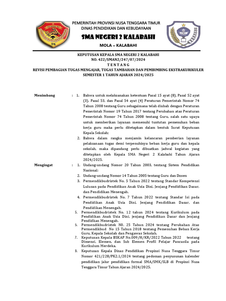 SK Pembagian Tugas SMT 1 TA 2024-2025 | PDF