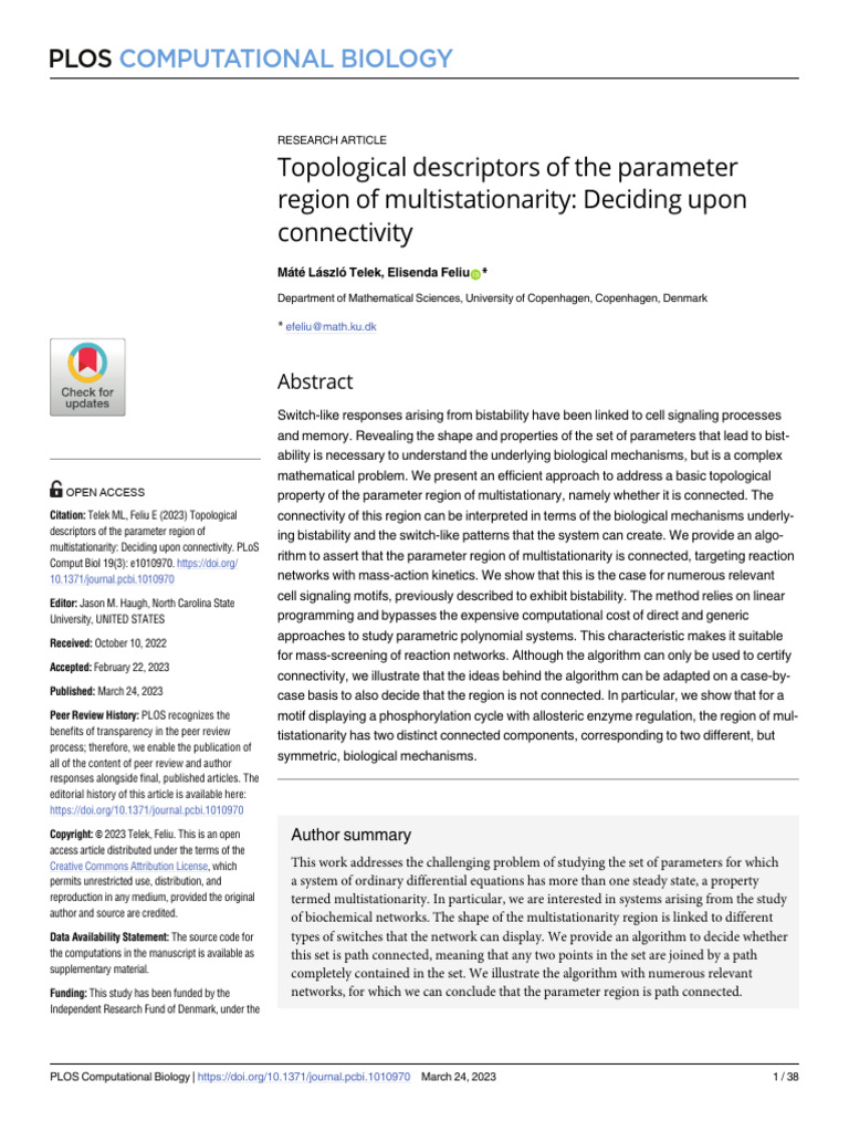 Topological Descriptors of The Parameter Region of Multistationarity ...