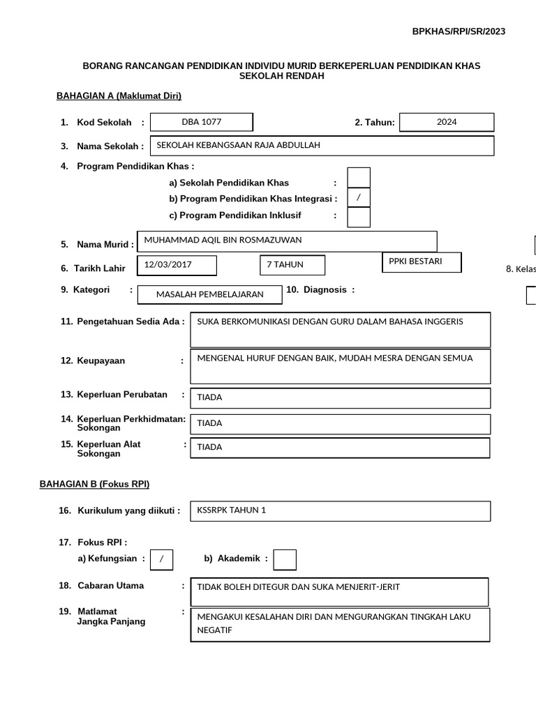 BORANG RPI AQIL 1 | PDF