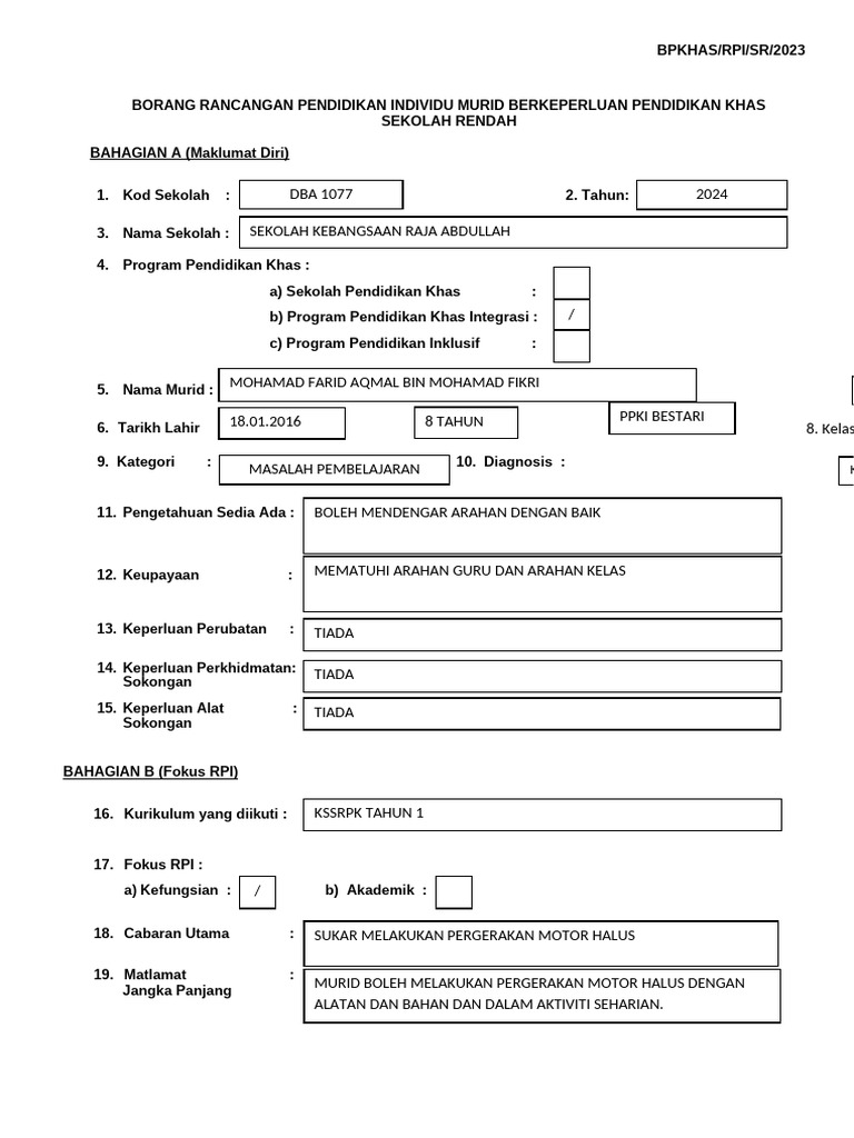 BORANG RPI FARID 1 | PDF