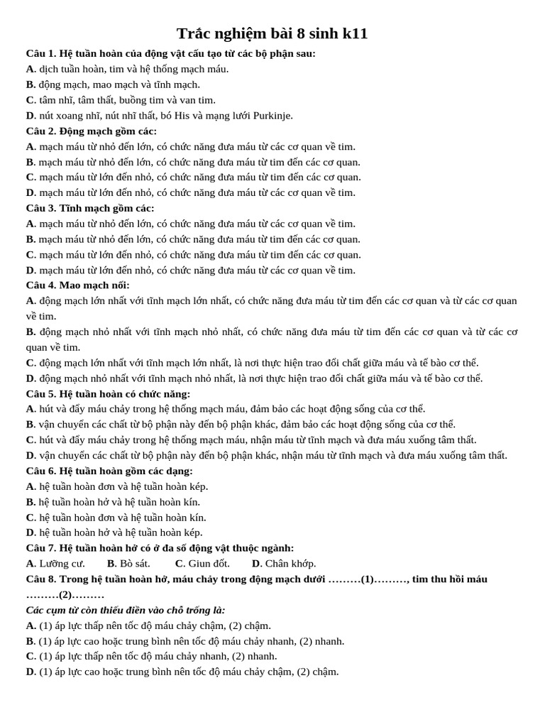 Trắc Nghiệm Bài 8 Sinh k11 | PDF