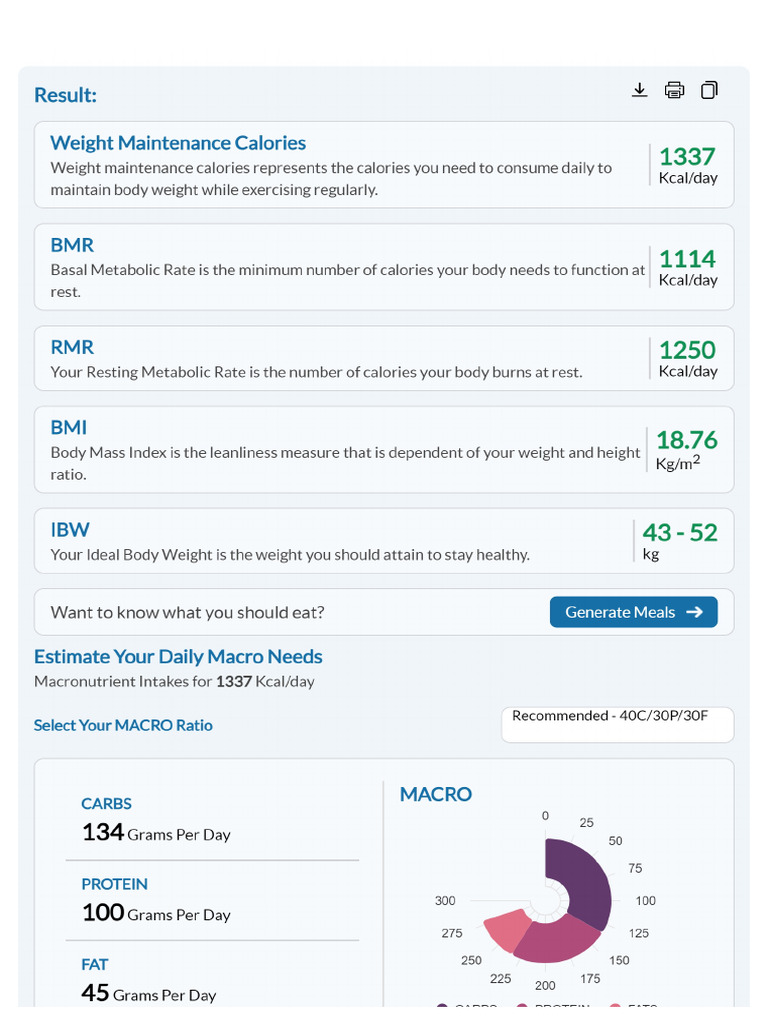 Maintenance Calorie Calculator Result | PDF