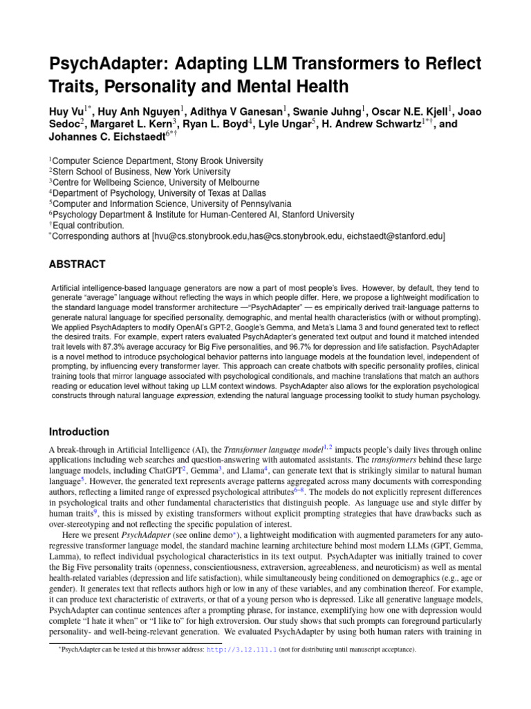 PsychAdapter: Adapting LLM Transformers To Reflect Traits, Personality ...