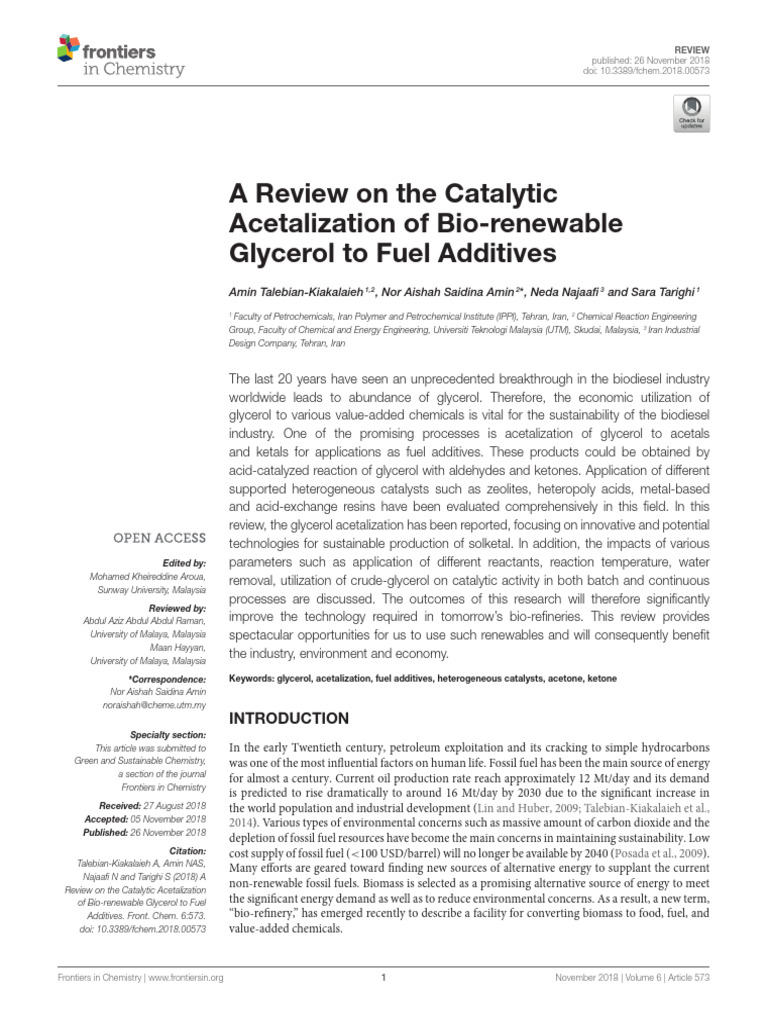 A Review on the Catalytic Acetalization of Bio-renewable Glycerol to ...