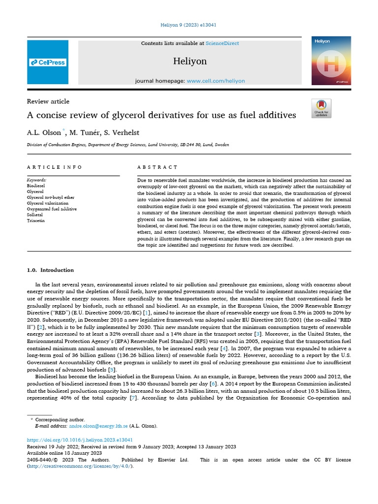 A Concise Review of Glycerol Derivatives For Use As Fuel Additives-Olson | PDF | Biodiesel ...