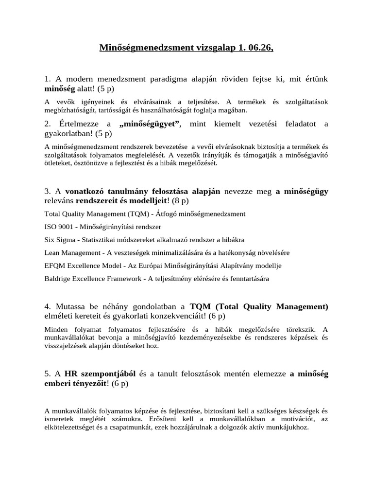 Minőségmenedzsment Vizsga | PDF