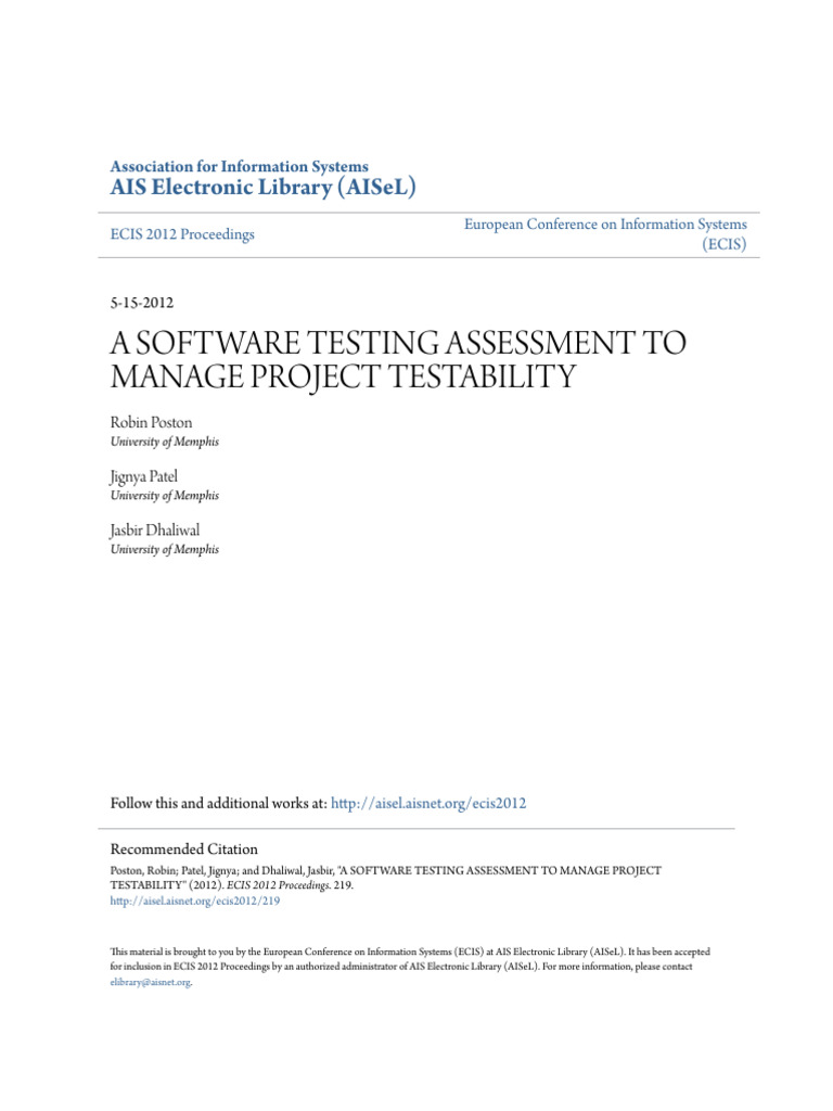 A Software Testing Assessment To Manage Project Testability 2012 | PDF ...