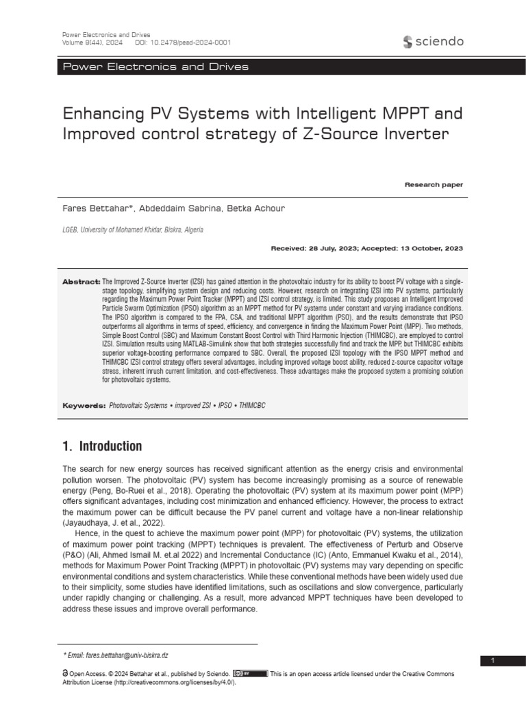 Enhancing PV Systems With Intelligent MPPT and Improved Control Strategy of ZSource Inverter (1 ...