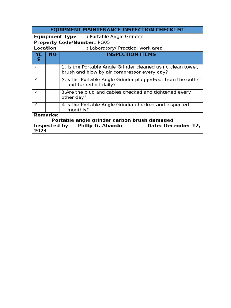 04 Equipment Maintain Inspection Checklist | PDF