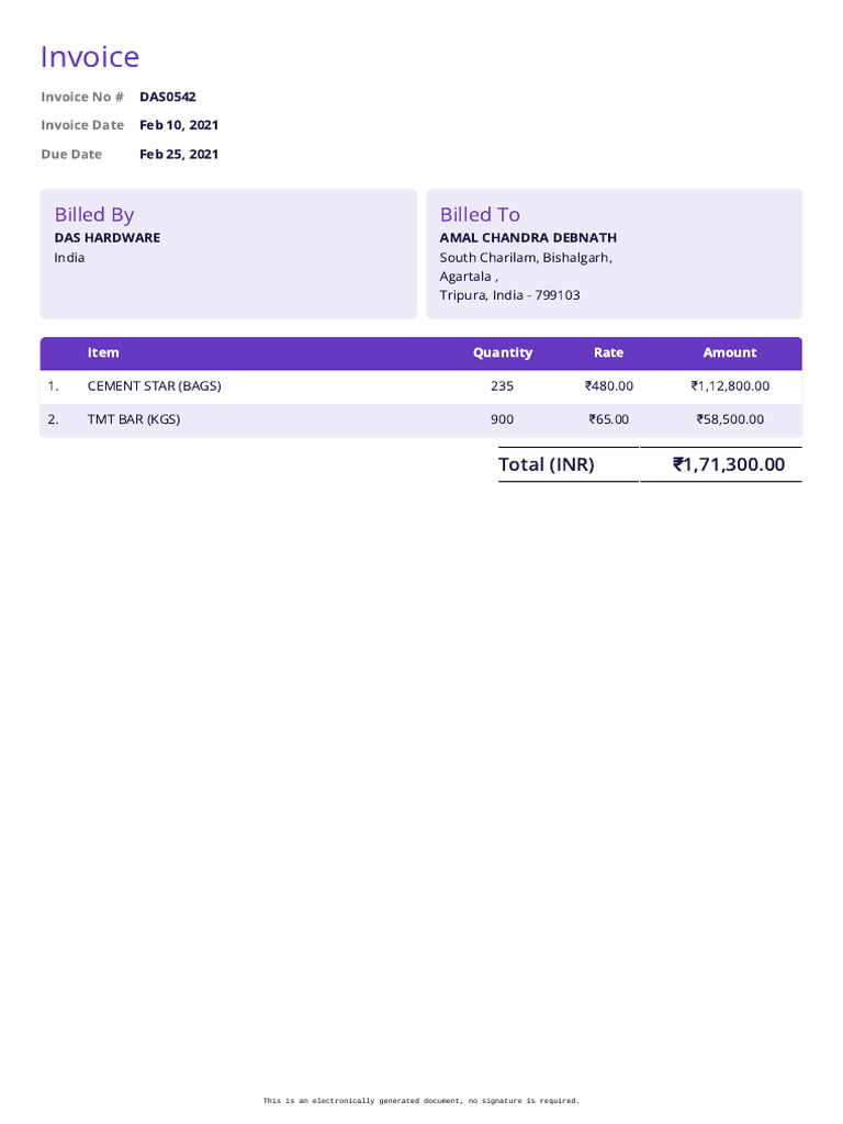 Invoice Das0542 Das Hardware Amal Chandra Debnath | PDF