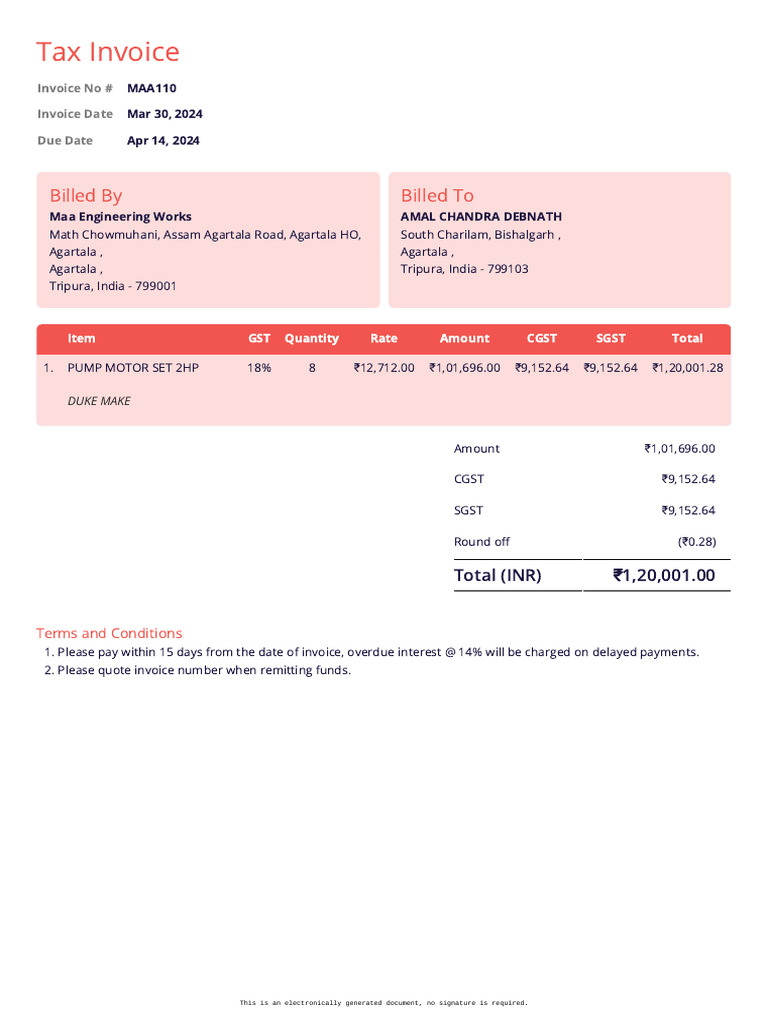 Invoice Maa110 Maa Engineering Works Amal Chandra Debnath | PDF