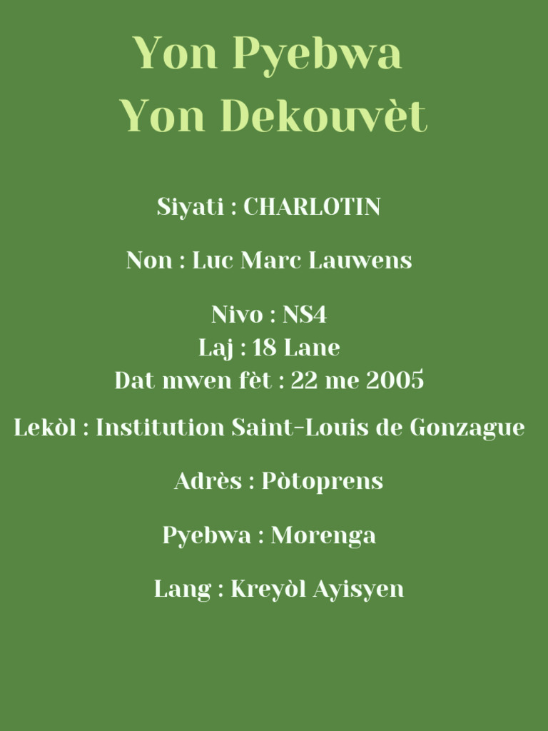Concours Yon Pyebwa, Yon Dekouvet - Luc Marc Lauwens CHARLOTIN | PDF