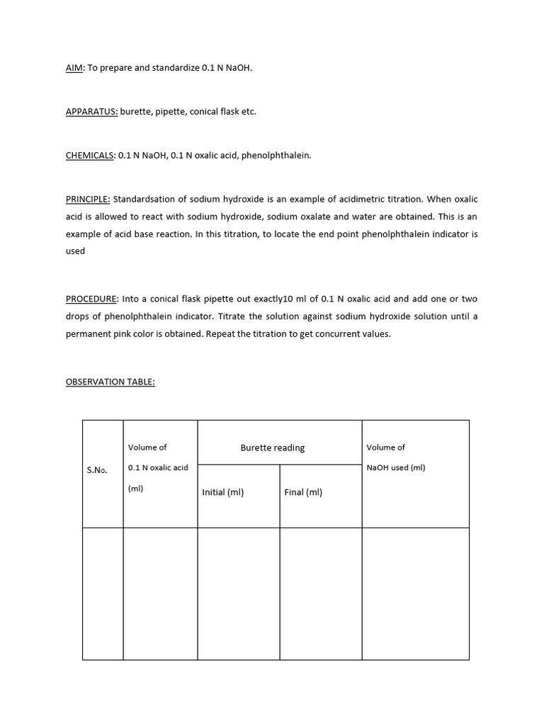 Standardisation of 0.1N NaOH | PDF