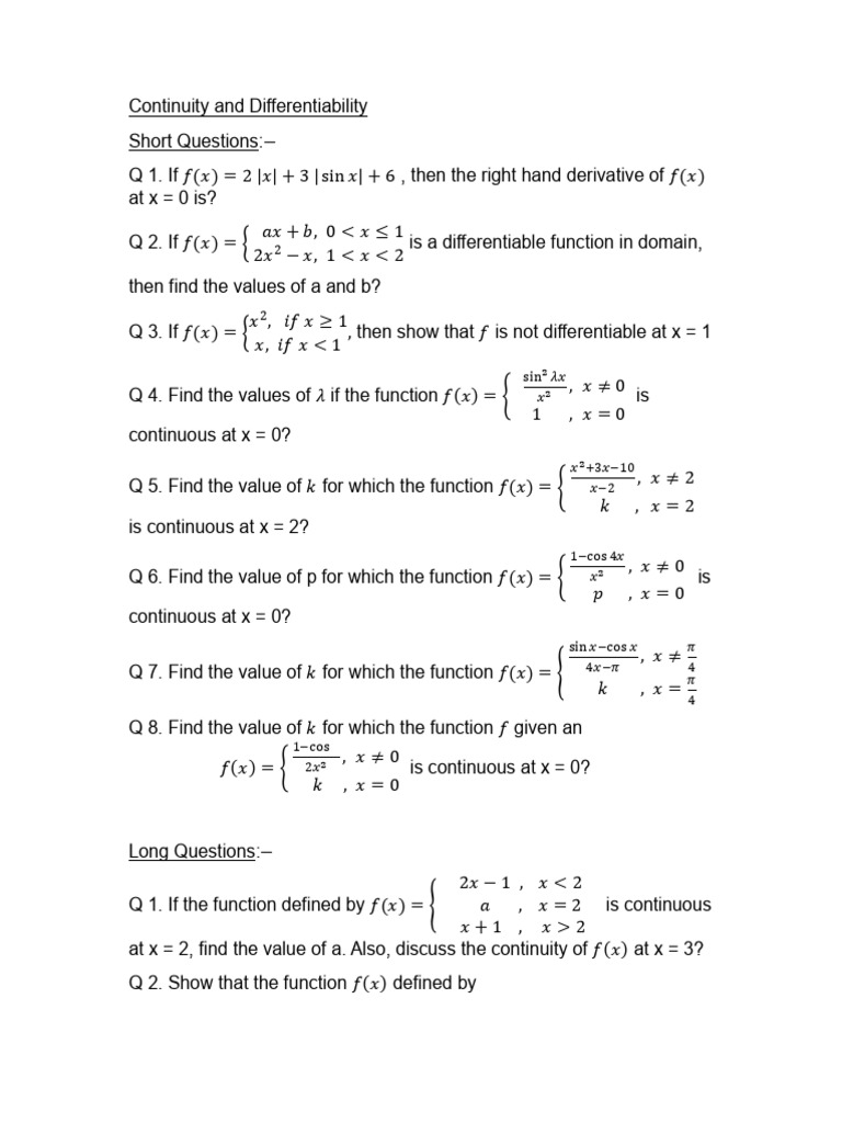 Continuity and Differentiability Questions | PDF | Function ...