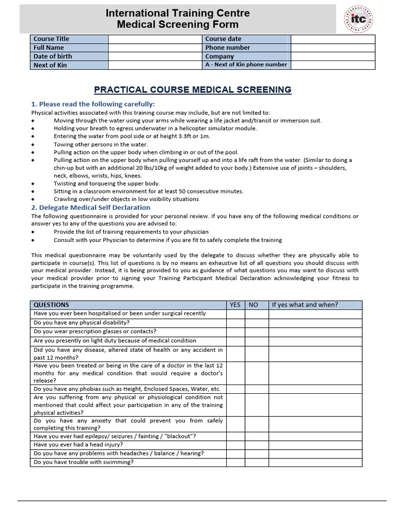 105 - Medical Screening Form Eng - Rev9 | PDF | Epilepsy | Vein
