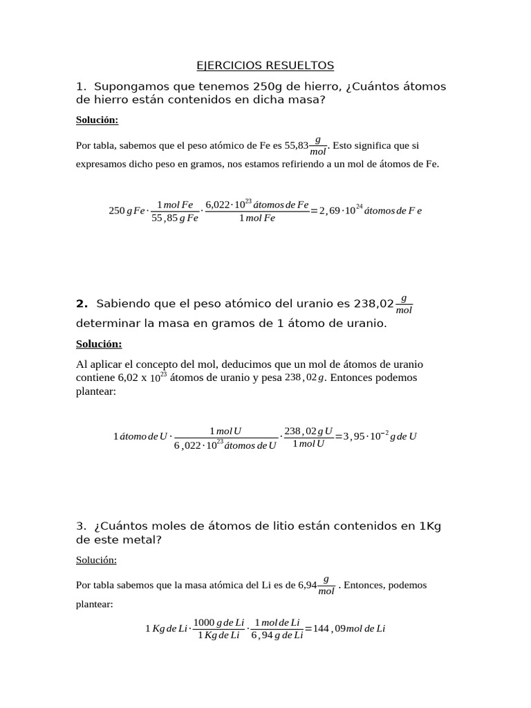 Ejercicios de Cálculo de Moles y Átomos | PDF | Mole (Unidad) | Metano