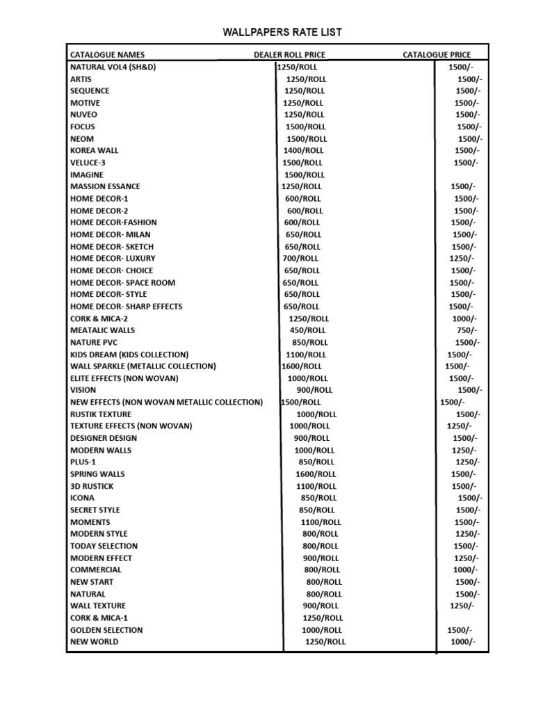 X-Interior WALLPAPER RATE LIST | PDF | Architectural Elements ...