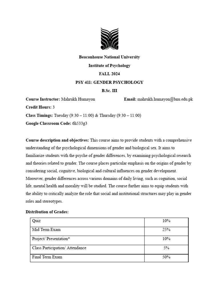PSY411 Gender Psychology Course Outline | PDF | Gender | Gender Studies