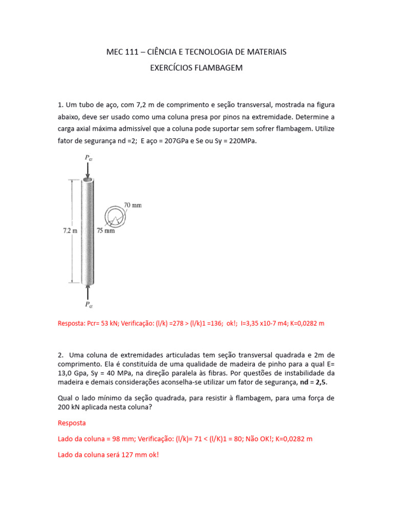exercicio flambagem com resposta | PDF